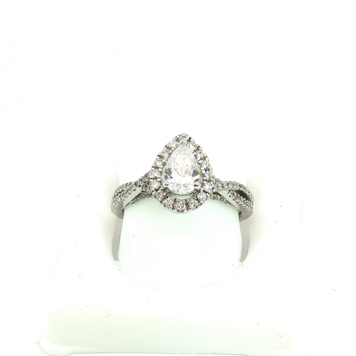 14K White Gold 0.95CT Pear Diamond Halo Engagement Ring – Gold Custom